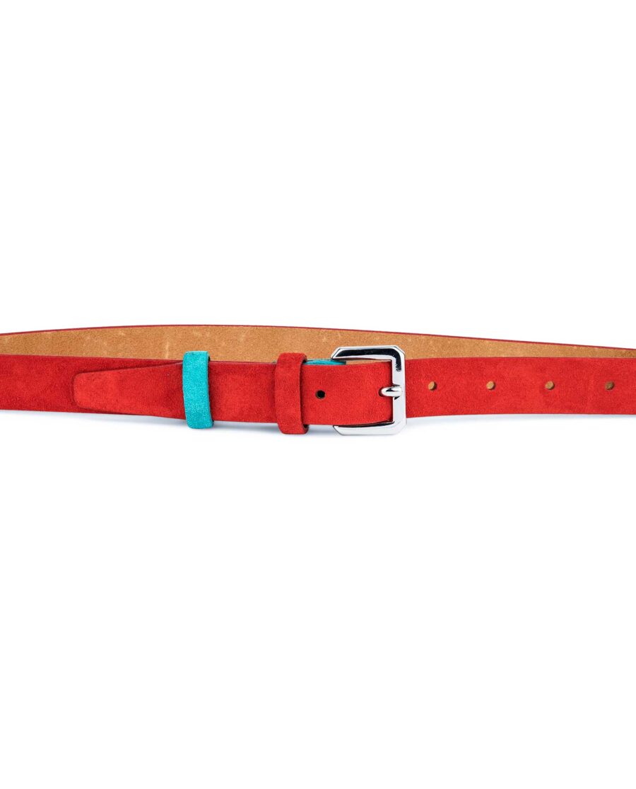 Buy Thin Red Suede Belt with Turqouise | LeatherBeltsOnline.com