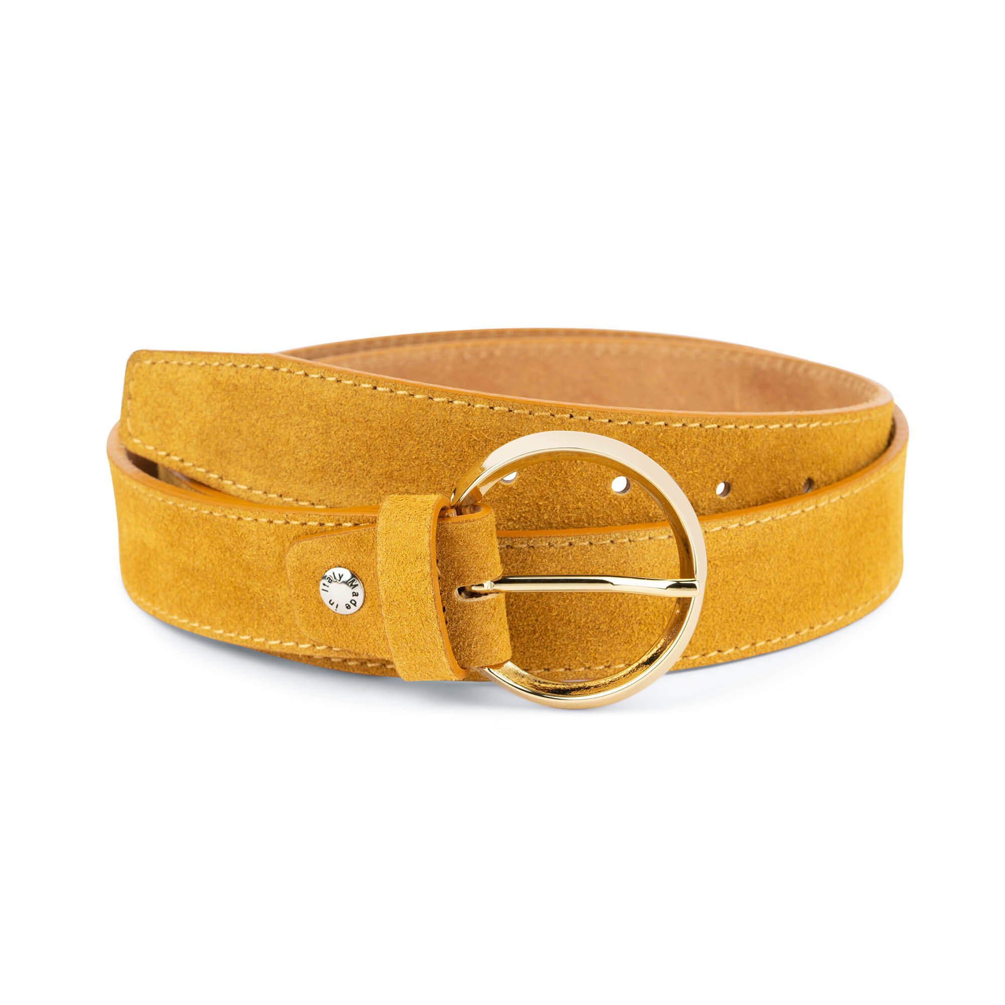 Buy Camel Suede Belt With Round Gold Buckle | LeatherBeltsOnline.com