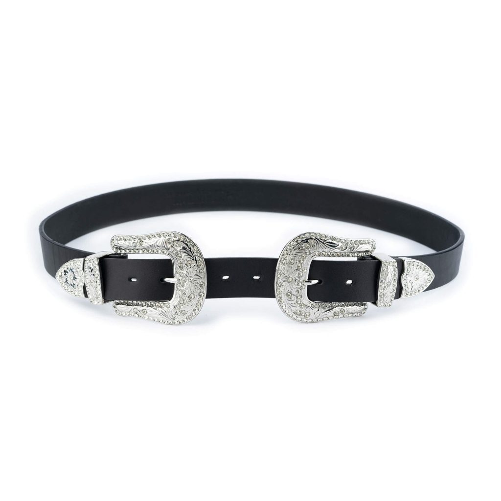 Buy Black Double Buckle Western Belt | Rhinestone Buckle | LeatherBelts