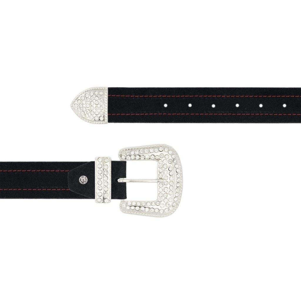 Buy Western Rhinestone Buckle Belt - Black With Red Stitch