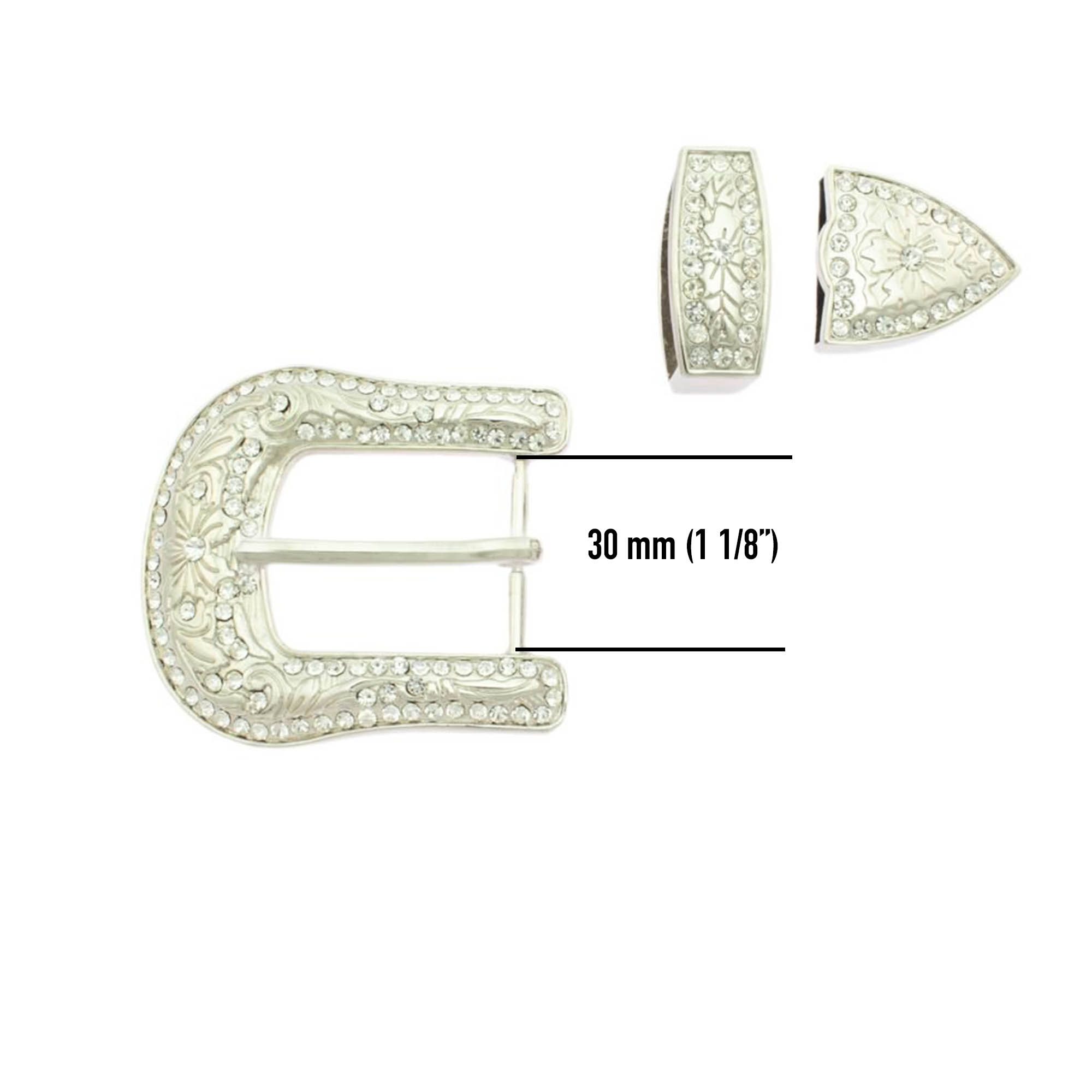 Buy Western Crystal Belt Buckle 3 Piece Set Silver - LeatherBeltsOnline.com